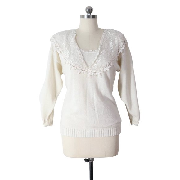 Vintage | Sweaters | Vintage 8s 90s White Lace Collar Sweater Sm Kawaii ...